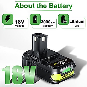 2Pack 3.0AH P102 P190 Replacement for Ryobi 18V Battery + P117 Charger for Ryobi Battery 18V Lithium P108 P107 P104 P105 P102 P103 for Ryobi 18V Lithium Battery Charger with 260051002 P117 P118 P113