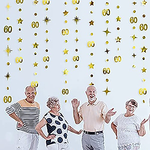 Gold 60th Birthday Decorations Number 60 Circle Dot Twinkle Star Garland Metallic Hanging Streamer Bunting Banner Backdrop for 60 Year Old Happy Birthday 60th Anniversary Sixty Party Supplies