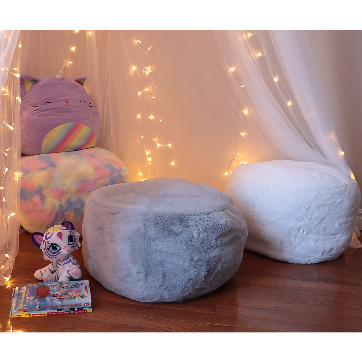 MiniOwls Plush Toy Storage Bean Bag (Unfilled) – Light Bunny Gray Faux Furry Ottoman – Sensory Soft Teddy Bear Organizer with a Zipper. Pouf 20x20x15 inch. (Light Grey, Medium)