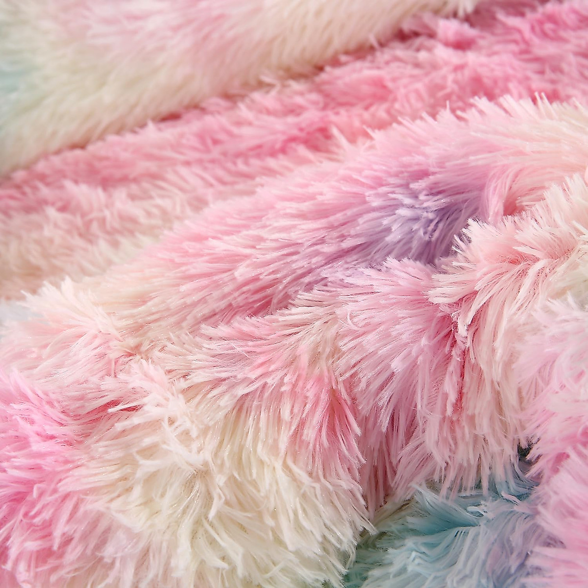 WINLIFE Faux Fur Comforter Set Twin Size for Girls Bedding Plush Shaggy Comforter Sets Gradient Ombre Tie Dye Bed Set Fuzzy Furry Long Hair Fluffy Comforter (3Pcs, Twin, Rainbow)