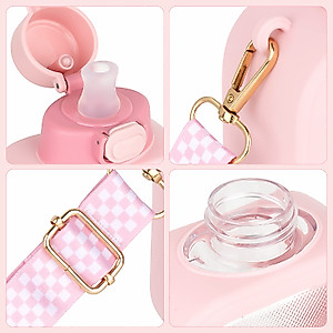 Adorila Square Water Bottle with Straw, Travel Transparent Canteen with Adjustable Strap, Leakproof Water Cup for Office School (Pink, 700ml)