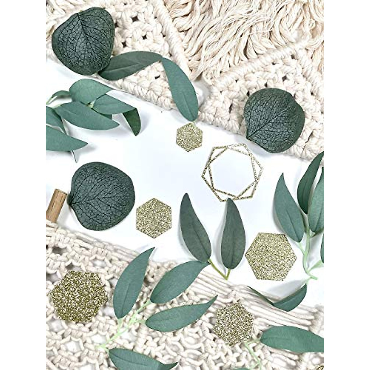 Greenery Baby Shower Decorations, Bridal Shower Table Decorations, Hexagon Confetti, Artificial Eucalyptus Leaves with Willow Leaves Confetti, Handmade