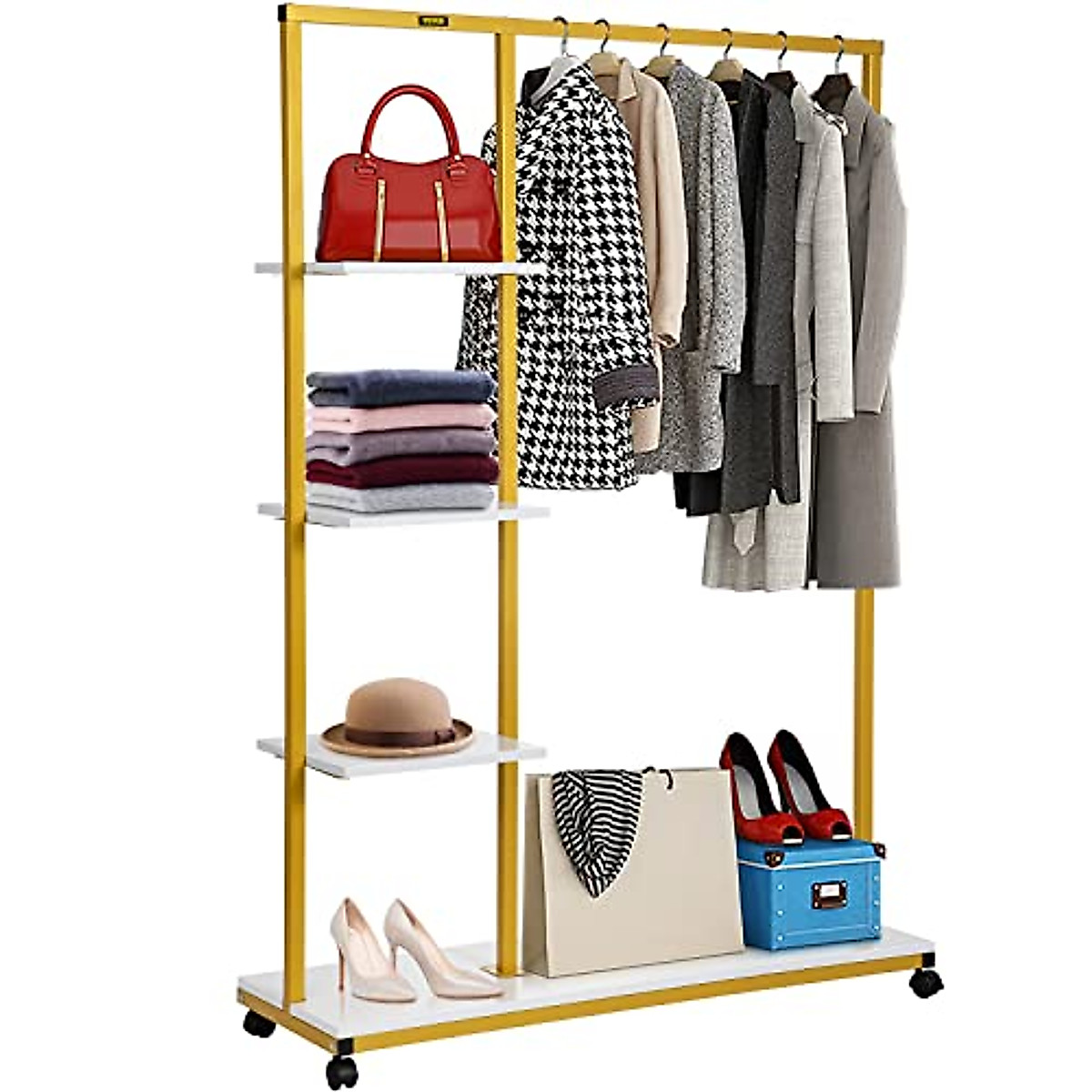 VEVOR Clothing Garment Rack, 39.4"x14.2"x59.1", Heavy-duty Clothes Rack w/Bottom Shelf & Extra 3 Side Shelves, 4 Swivel Casters, Rolling Clothes Organizer for Laundry Room Retail Store Boutique, Gold