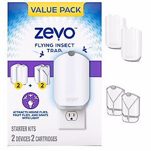 Zevo Flying Insect Trap for Indoors: Light Trap Captures Fruit Flies, Gnats and Houseflies, Starter Kit Value Pack (2 Plug-in Bases + 2 Cartridges)