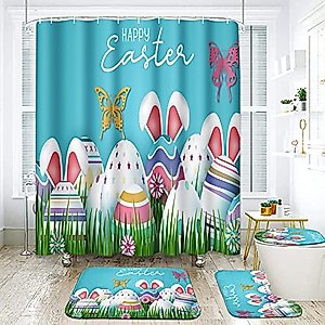 ArtSocket Easter 4 Pcs Shower Curtain Set Easter Blue Cartoon Bunny with Non-Slip Rugs Toilet Lid Cover and Bath Mat Bathroom Decor Set 72" x 72"