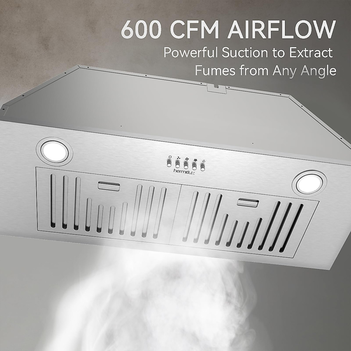 Hermitlux 30 inch Built-in/Insert Range Hood, 600 CFM 3 Speed Vent Hood, Ducted/Ductless Convertible, Stainless Steel with Bright LED Light, Baffle Filters and Charcoal Filters