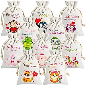 40 Pcs Valentine Drawstrings Canvas Bags, 4 x 6 Inch Small Valentine Reusable Muslin Bag Mini Candy Jewelry Drawstring Pouch Bulk Gift Bag for Kids Party Favor, Classroom Exchange Prizes
