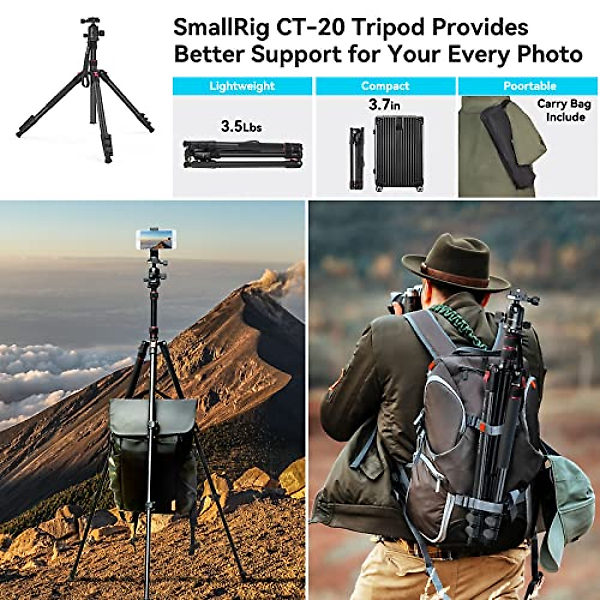SmallRig 78" Camera Tripod, Foldable Aluminum Tripod & Monopod, 360°Ball Head Detachable and Quick Release Plate, Payload 33lb, Adjustable Height from 18.5" to 78" for Camera, Phone - 3474