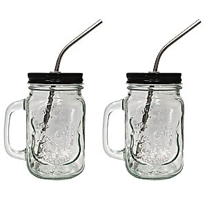 ( 2 PACK ) - Mason Jar Mugs with Handle, Stainless Steel Straw, & metal Lids 16 oz. (480ml) | Mason Jar Drinking Glasses | Reusable Boba Bubble Tea & Smoothie Cups | Tumbler for Bubble Tea, smoothie