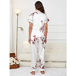 WDIRARA Women's 2 Piece Satin Pajamas Floral Silk Short Sleeve Button Down Shirt and Pants Pajama Pj Set White S