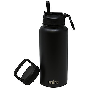 MIRA Water Bottle with Straw and Handle Lid Vacuum Insulated Stainless Steel Metal Thermos Bottle - Reusable Leak Proof Keep Cold Sports Flask - 32 oz, 2 Lids, Black