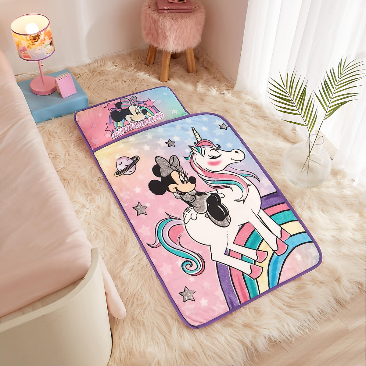 Idea Nuova Disney Minnie Mouse Super Soft Toddler Quilted Nap Mat with Built in Pillow, 26"" x46, Multicolor
