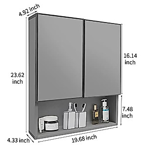 YEPOTUE Bathroom Wall Medicine Cabinet with Double Doors Space 23.6" 19.6" Aluminum Storage, Water, and Rust Resistant, Recess or Surface Mount for Bathroom, Kitchen, Bedroom-Grey