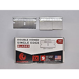 PHOENIX 68-12692 Box of 50 Heavy Duty Single Edge Razor Blades - (#9 High Carbon Steel Blade, Steel Backing) Made In USA, Box Cutter Blades