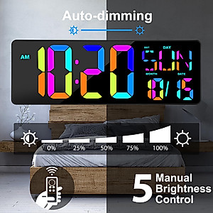 XREXS Large Digital Wall Clock with Remote Control, 17 Inch LED Large Display Count Up & Down Timer, Adjustable Brightness RGB Color Changing Clock Alarm Clock for Home, Gym, Office and Classroom