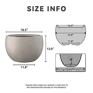Kante 19.9" Dia Round Concrete Planter, Outdoor/Indoor Large Bowl Plant Pots with Drainage Hole and Rubber Plug for Garden Patio Balcony Home, Weathered Concrete