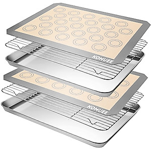 KOMUEE 9-Piece Baking Sheet, Cooling Rack with Silicone Mat Set (3 Pans + 3 Racks + 3 Mats), Stainless Steel Cookie Sheet with Cooling Rack and Baking Mat, Non Toxic & Easy Clean