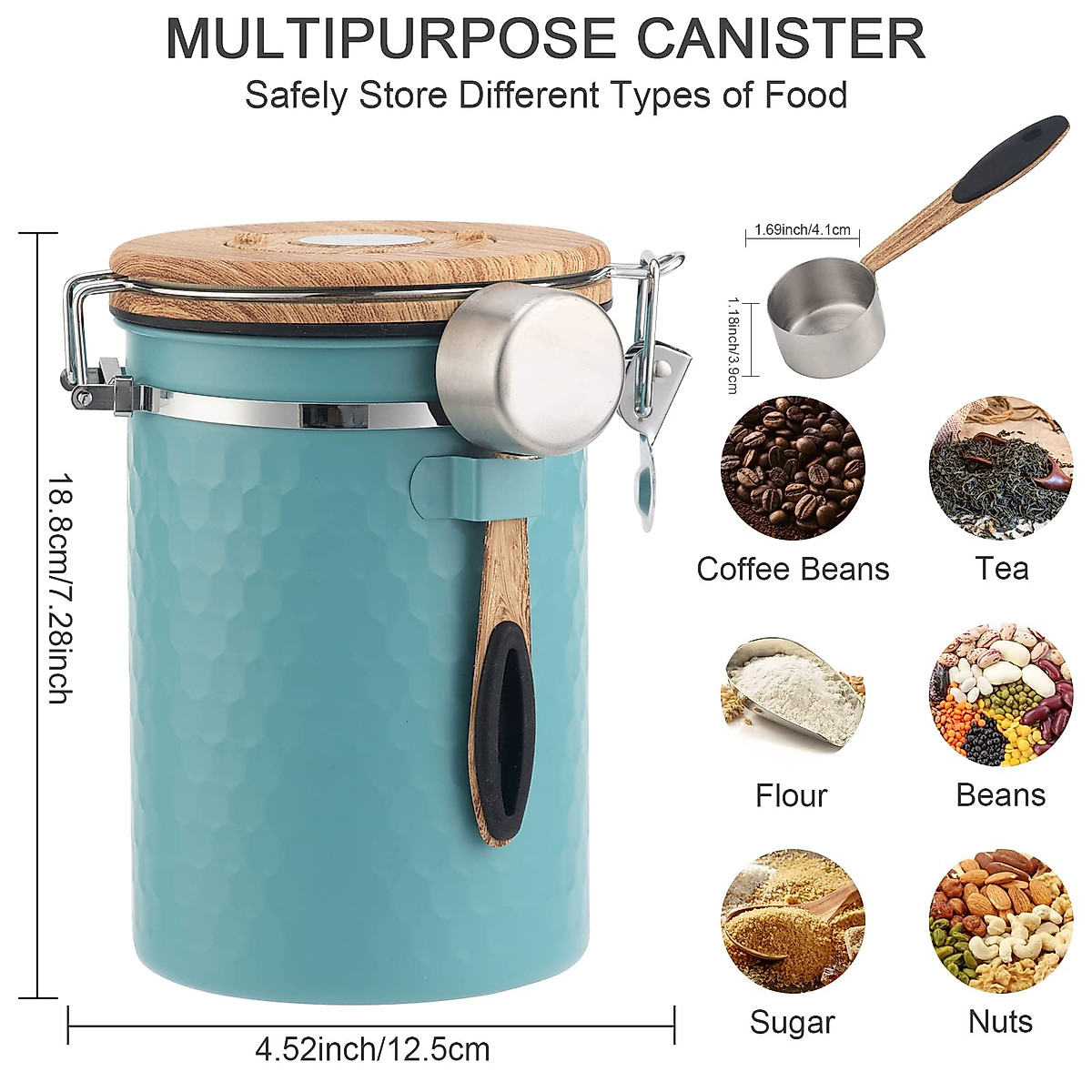 TEDSWAIT Coffee Canisters Airtight Coffee Bean Storage Container Kitchen Stainless Steel Food Storage Container with Scoop Date Tracker & CO2 Valve 61Fl Oz (Lake Blue)