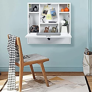 Tangkula Wall Mounted Desk, Pneumatic Floating Desk Wall Mount Laptop Desk with Magnetic Foldable Tabletop, Space Saving Wall Mounted Table Wall Desk with Storage Drawer and Shelves (White)