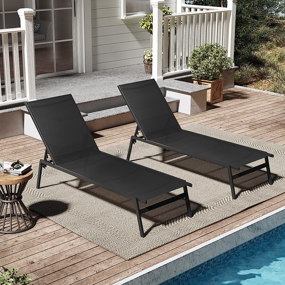 Pellebant Outdoor Lounge Chairs Set of 2, Patio Chaise Lounge, Rustproof Pool Lounge Chairs for Pool Deck Sunbath with Adjustable Backrest(2PCS,Black)