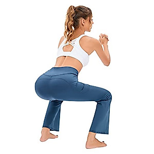 KOJOOIN Women's Dress Pants Straight Leg Flare Pant Lightweight High Waist Tummy Control Work Pants with Pockets Blue