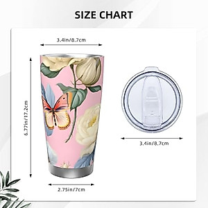 AYCZN Butterfly White Flower 20 OZ Tumbler Stainless Steel Travel Coffee Mug, Romantic Floral Insulated Water Bottle with Lid and 2 StrawsLeakproof Thermal Cup