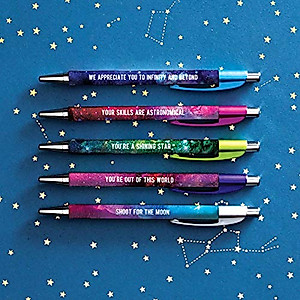 Retractable Galaxy Click Pens-5 pack- Motivational Quotes- Black Ink Fine Point 0.5mm, Assorted Designs for School Office Home New Hire Onboarding Employee Gifts by Cheersville