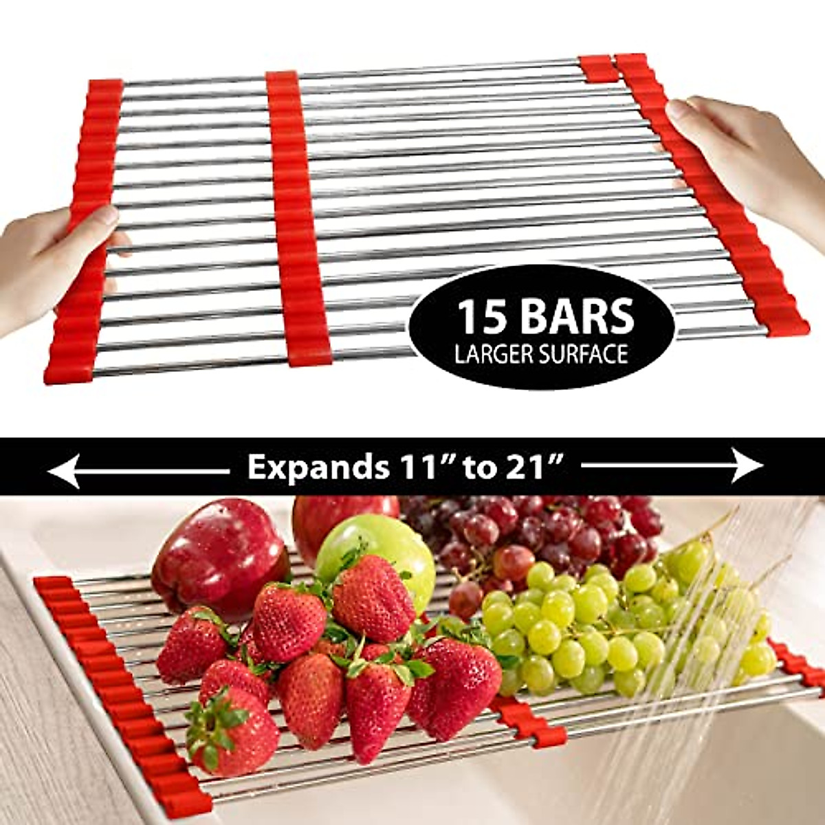 Total Rack, Expands 10" to 21", 10-Inch-Wide Multipurpose Over-Sink Dish-Drying Rack, Oven-Safe, Cooling, Crisping, Roasting, Trivet, and Serving, Nonslip Silicone and Stainless-Steel Rack, Red