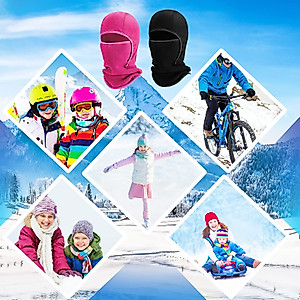 4 Pcs Kids Balaclava Ski Mask and Fleece Gloves Set Winter Hat Face Mask Warm Full Finger Glove for Boys Girls 8-12 Years Old (Black, Rose Red)