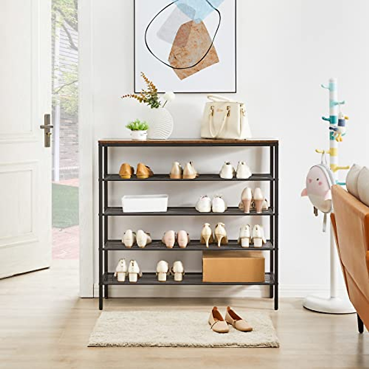 YMYNY Industrial Shoe Rack, 5-Tier Shoe Storage Organizer with 4 Mesh Shelves for 16-20 Pairs, Shoe Shelf for Entryway, Hallway, Closet, 39.4 x 11.8 x 37.4, Metal Frame, Rustic Brown, HD-UHTMJ084H