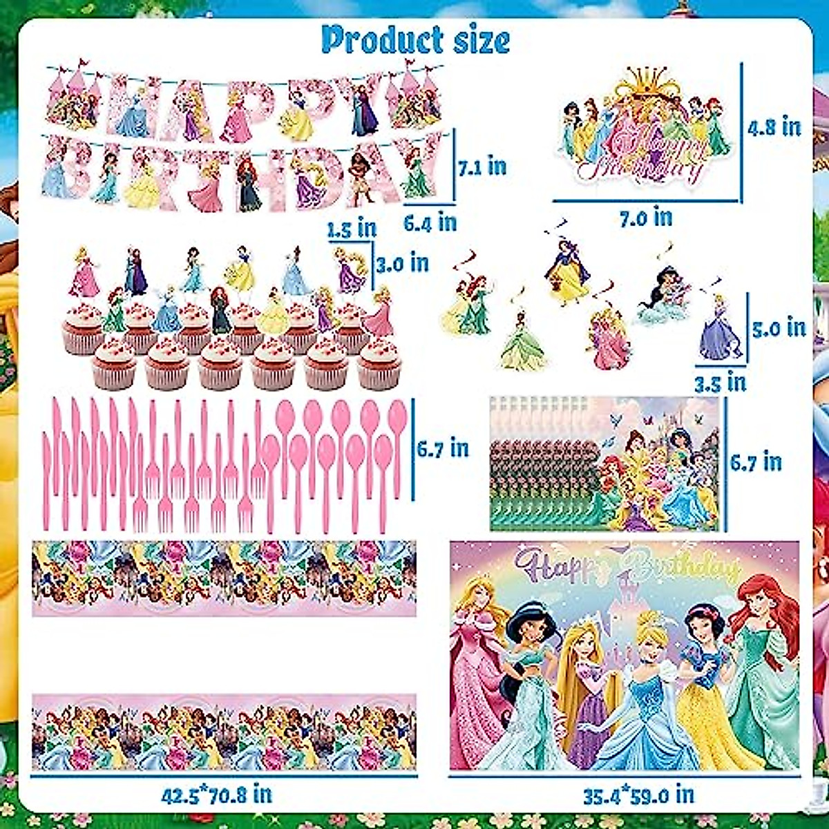 251 Pcs Princess Birthday Decorations, Princess Birthday Party Supplies Include Happy Birthday Banner, Hanging Swirls, Cake Topper, Cupcake Toppers, Backdop, Tablecloth, Balloons, Stickers, Princess Plates, Napkins, Knife, Fork and Spoon for Princess Birt