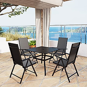 MFSTUDIO Outdoor Dining Set for 4, Aluminum Height Adjustable Folding Chair and Heavy-Duty Black Slat Metal Table, Patio Furniture Dining Table Set, Black