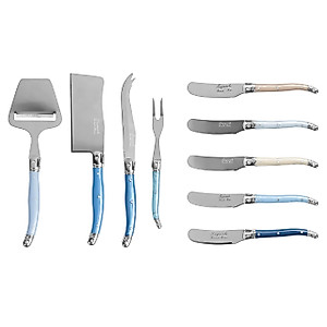 French Home Laguiole 9-Piece Charcuterie Utensil Set – Three-Rivet Shades of Blue Handles with Iconic Bee Emblem, Includes Fork-Tipped Spear, Fork Set, Butter Spreader & More