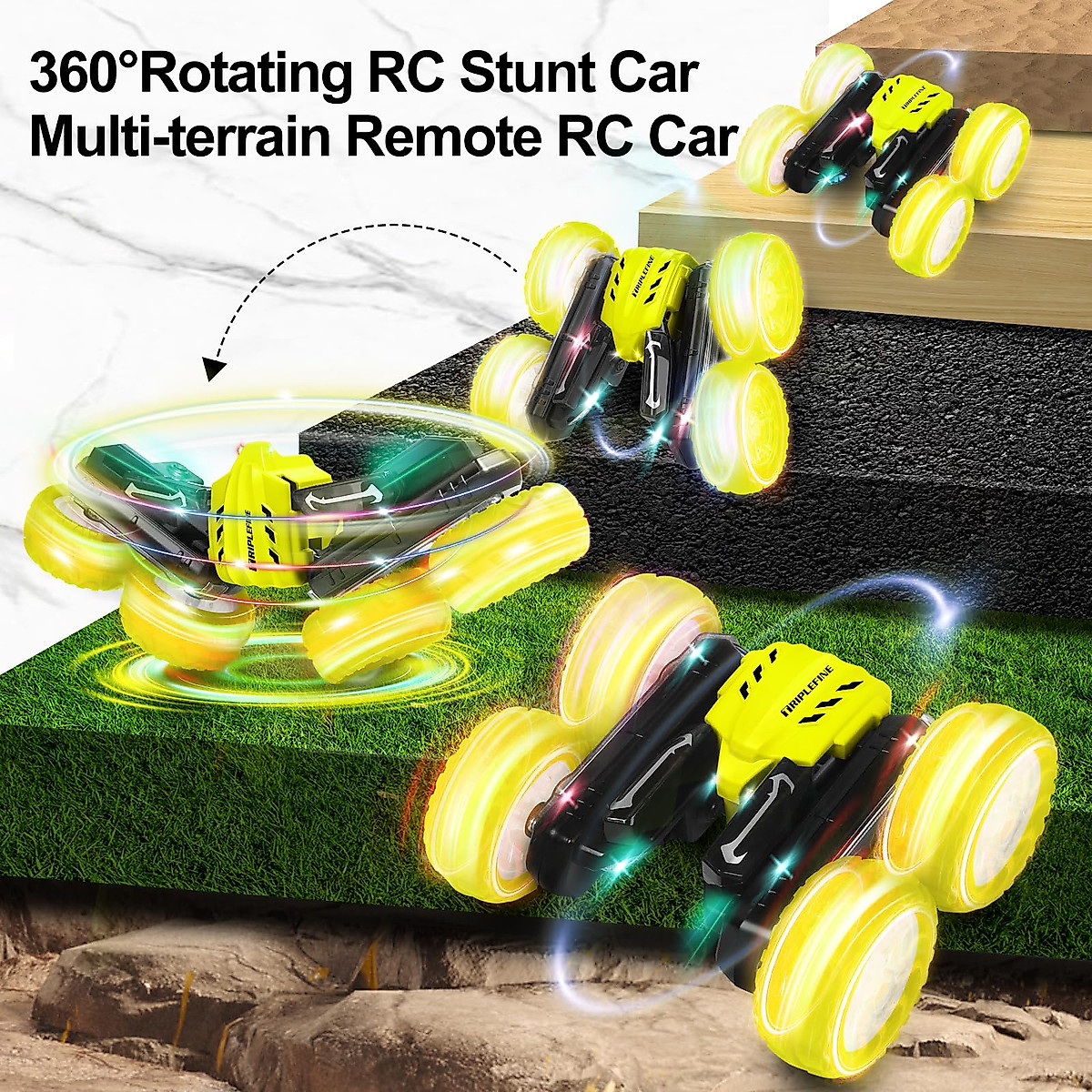 TRIPLEFINE Remote Control Car for Boys & Girls 8-12, LED Fast RC Stunt Car, 2.4GHz RC Cars, 4WD Double Side 360° Rotating RC Cars, Remote Control Car for Kids with Rechargeable Battery(Yellow)
