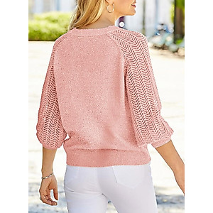 Dokotoo Plus Size Cute Sweaters for Women Fashion 2023 Winter Fall V Neck Sweater Long Sleeve Solid Hollow Out Plain Casual Loose Oversized Chunky Knit Pullover Sweaters Jumper Tops Pink X-Large