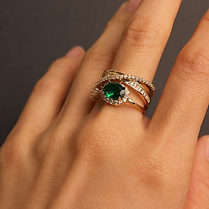 Sonateomber Green Crystal Gold Open Stacking Ring for Women - Large Dainty Simulated Emerald Rhinestone Cubic Zirconia Stone Adjustable Statement X Criss Cross Stack Costume Ring Valentine Gift