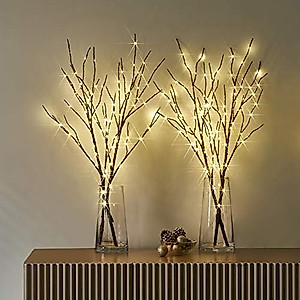 LITBLOOM Lighted Brown Willow Branches with Timer Battery Operated Set of 2 Tree Branch with Warm White Lights for Holiday and Party Decoration 32IN 100 LED Waterproof