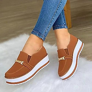 Sneakers for Women Walking Shoes Women Comfort Slip On Breathable Platform Wedge Round Toe Fashion Metal Chain Embellished Loafers Brown