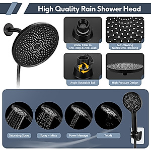 Lanhado 8.5'' Matte Black Shower With Handheld Spray, High Pressure Rainfall Head and Anti-Leak Holder, 4 Settings, Waterfall Upgrade