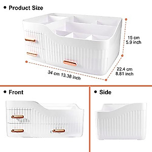 CGBE Makeup Organizer for Vanity, Large Cosmetic Organizer Countertop, Makeup Organizer with Drawers for Vanity, Lipstick, Brushes, Lotions and Jewelry Bathroom Counter or Dresser for Cosmetics-White