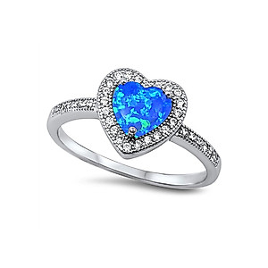 SILVERCLOSEOUT Sterling Silver Created Blue Opal Halo Heart Ring - Size 6