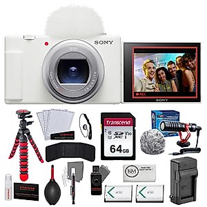 Sony ZV-1 II Digital Camera | White Bundled with NP-BX1 Battery + 12" Tripod + Battery Charger + 64GB Memory Card + Cleaning Cloth + Micro Microphone + Photo Starter Kit (11 Pieces) (8 Items)