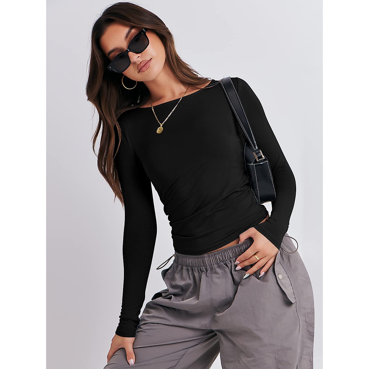ANRABESS Women’s Long Sleeve Shirts Tight Fitted Going Out Crop Tops Crewneck Basic Tee Y2k Outfits Teens Girls Clothes Black L
