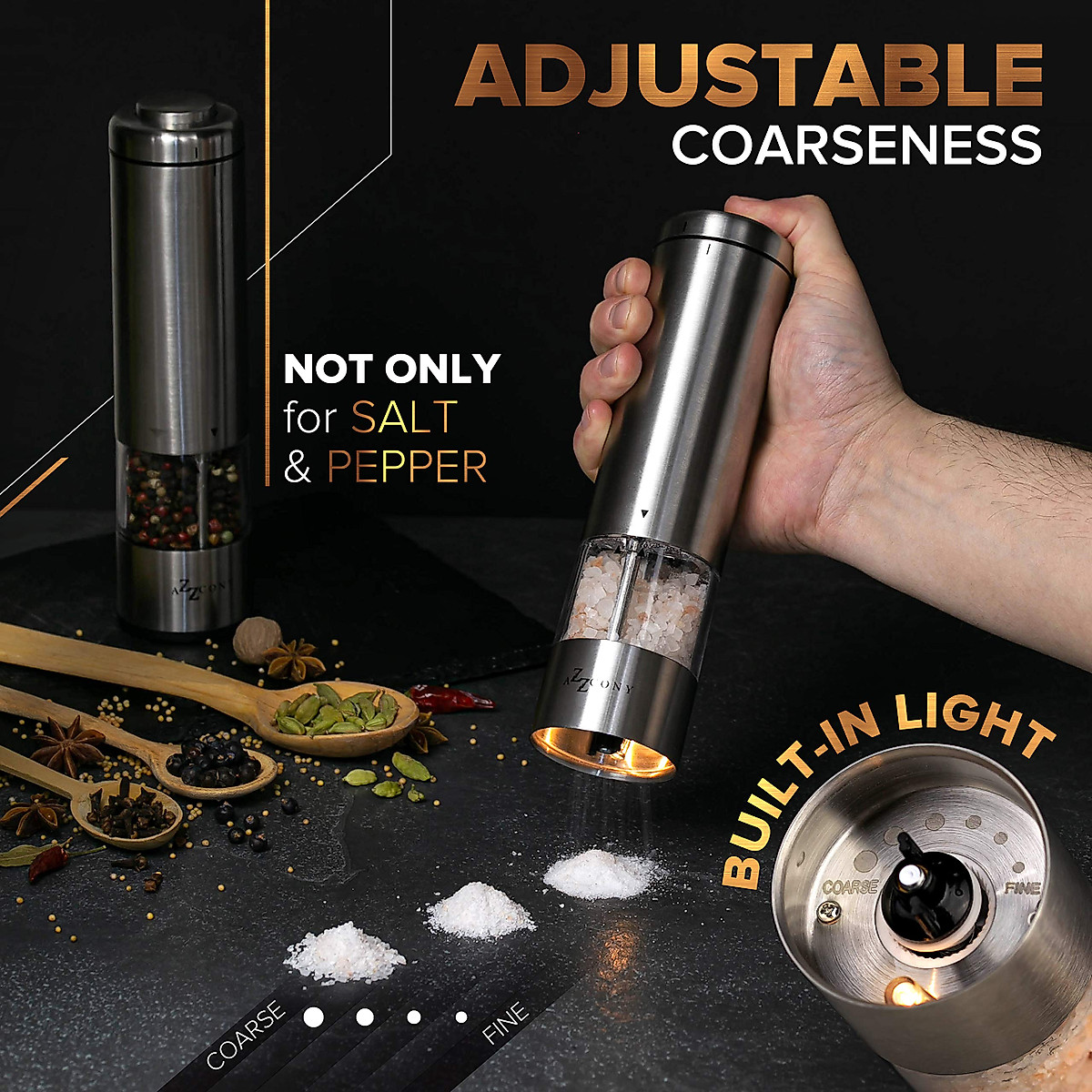 Electric Salt and Pepper Grinder Set | Stainless Steel Battery Operated Mill with Light | Pack with Oil Sprayer, Silicone Funnel, Cleaning Brush, and eBook | Adjustable Coarseness | Ceramic Grinders