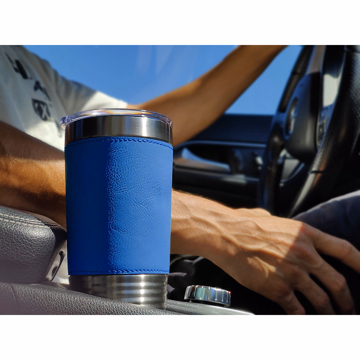 LaserGram 20oz Vacuum Insulated Tumbler Mug, Trout Fish, Personalized Engraving Included (Faux Leather, Blue)
