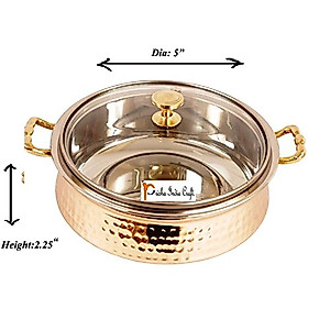 Prisha India Craft Hammered Copper Serving Bowl for Food Soup with Handle and Glass Lid, Bowl Diameter 5.00" X Height - 2.25"