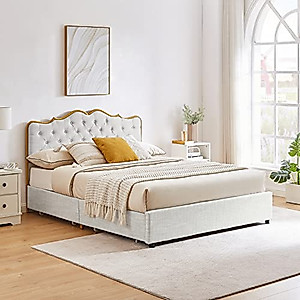 Maxzzz Queen Size Bed Frame with Four Storage Drawers & Upholstered Headboard - Elegant Golden Paint Finish, Sturdy Metal & Solid Wood Construction, No Box Spring Needed, Light Gray
