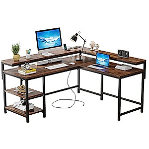 Tribesigns L Shaped Desk with Power Outlets, Reversible Corner Computer Desk with Monitor Stand and Storage Shelves, Home Office Gaming L Desk with USB Port, Brown
