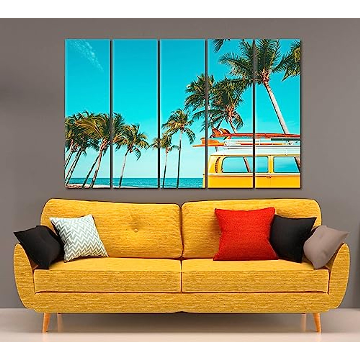 Vintage Car With Surfboard on the Roof Canvas Print 3 Panels / 36x24 inches