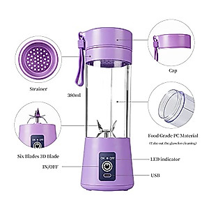 Portable Blender Cup,Electric USB Juicer Blender,Mini Blender Portable Blender For Shakes and Smoothies, Juice,380ml, Six Blades Great for Mixing,Light purple